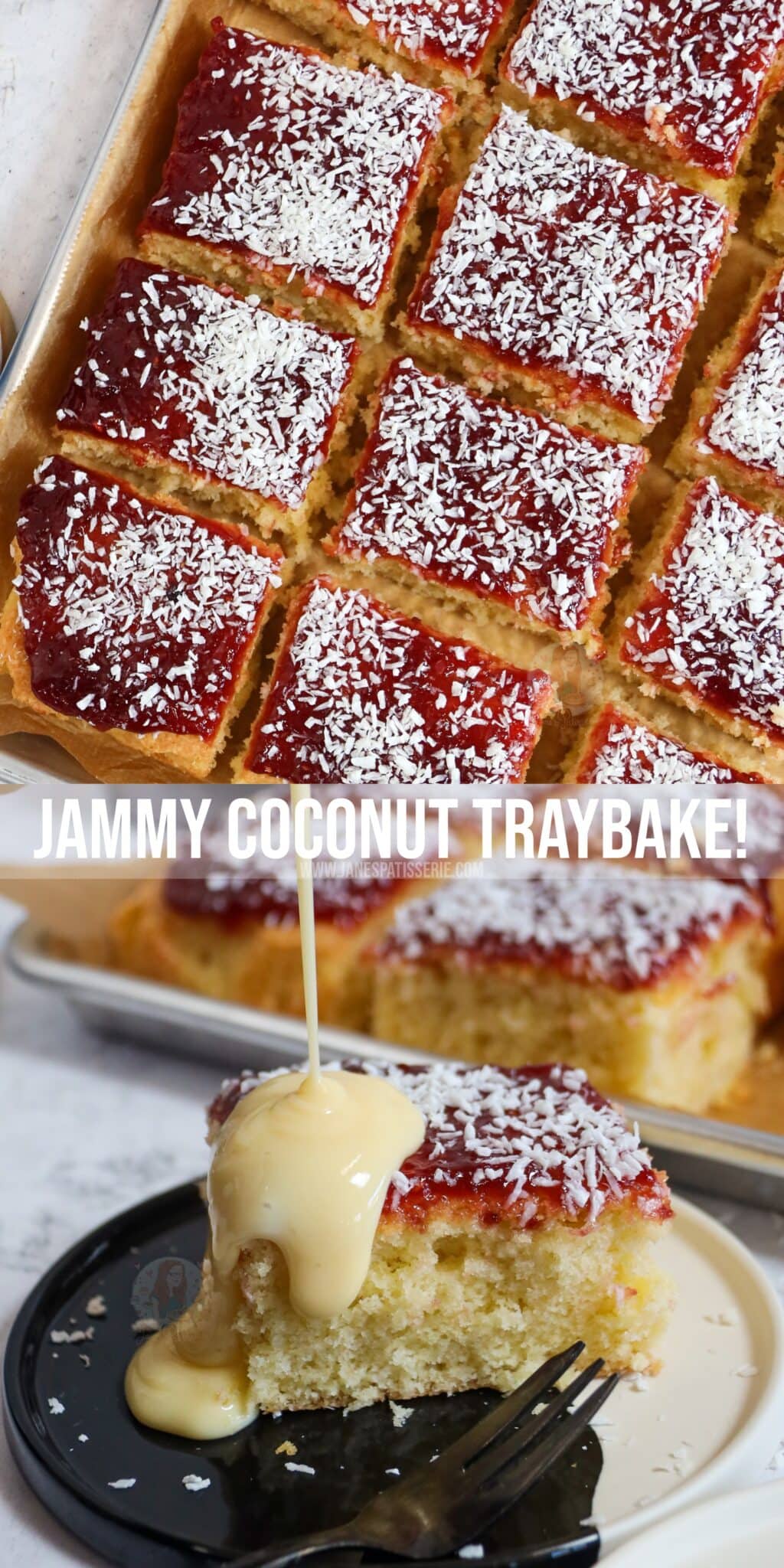 Jammy Coconut Traybake - Jane's Patisserie